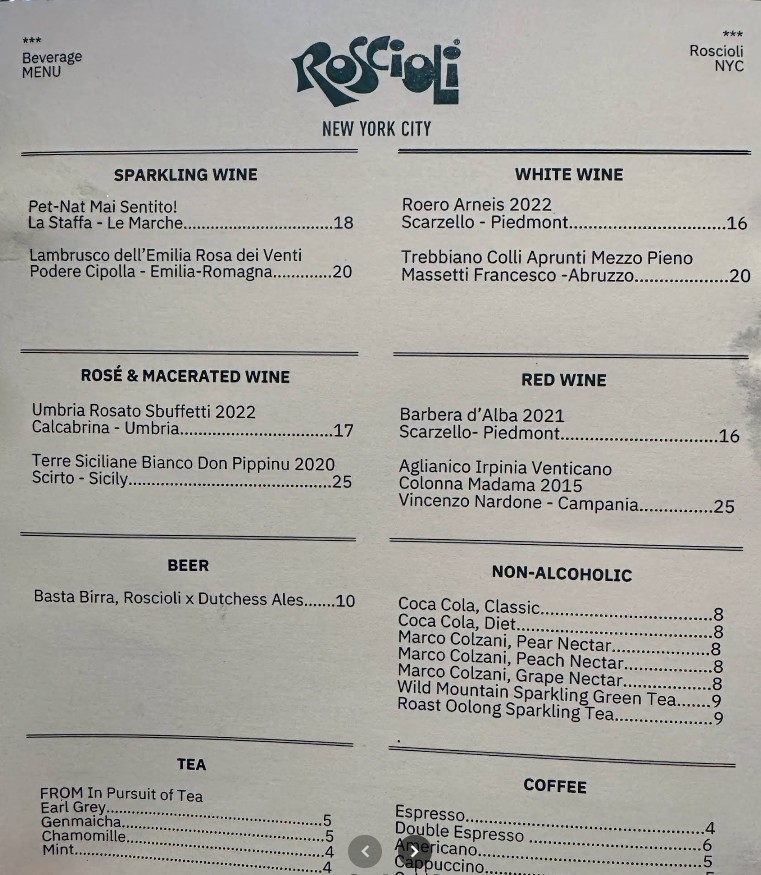 Roscioli NYC Restaurant Menu | Enjoy Authentic Roman Cuisine in New ...