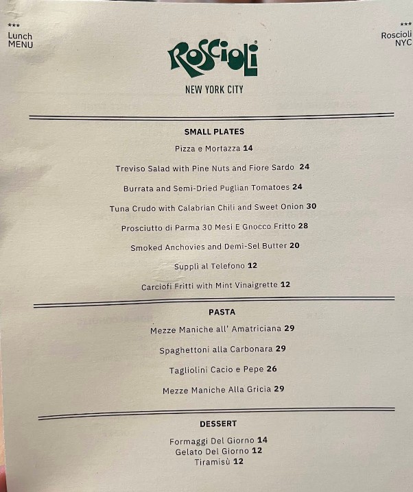 Roscioli NYC Restaurant Menu | Enjoy Authentic Roman Cuisine in New ...