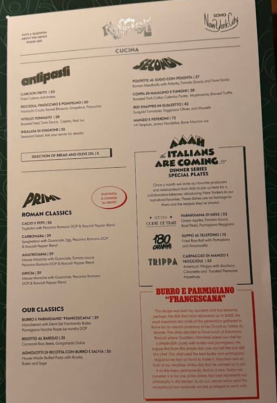 Roscioli NYC Restaurant Menu | Enjoy Authentic Roman Cuisine in New ...