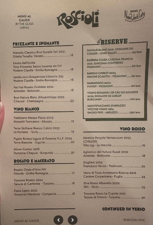 Roscioli NYC Restaurant Menu | Enjoy Authentic Roman Cuisine in New ...